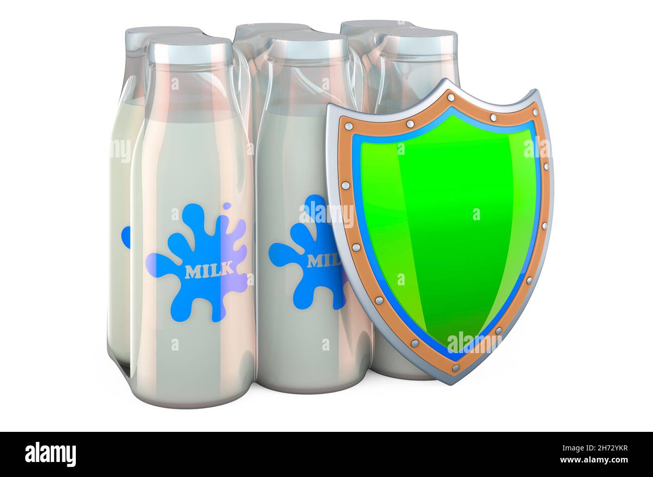 Milk bottles with shield, 3D rendering isolated on white background ...