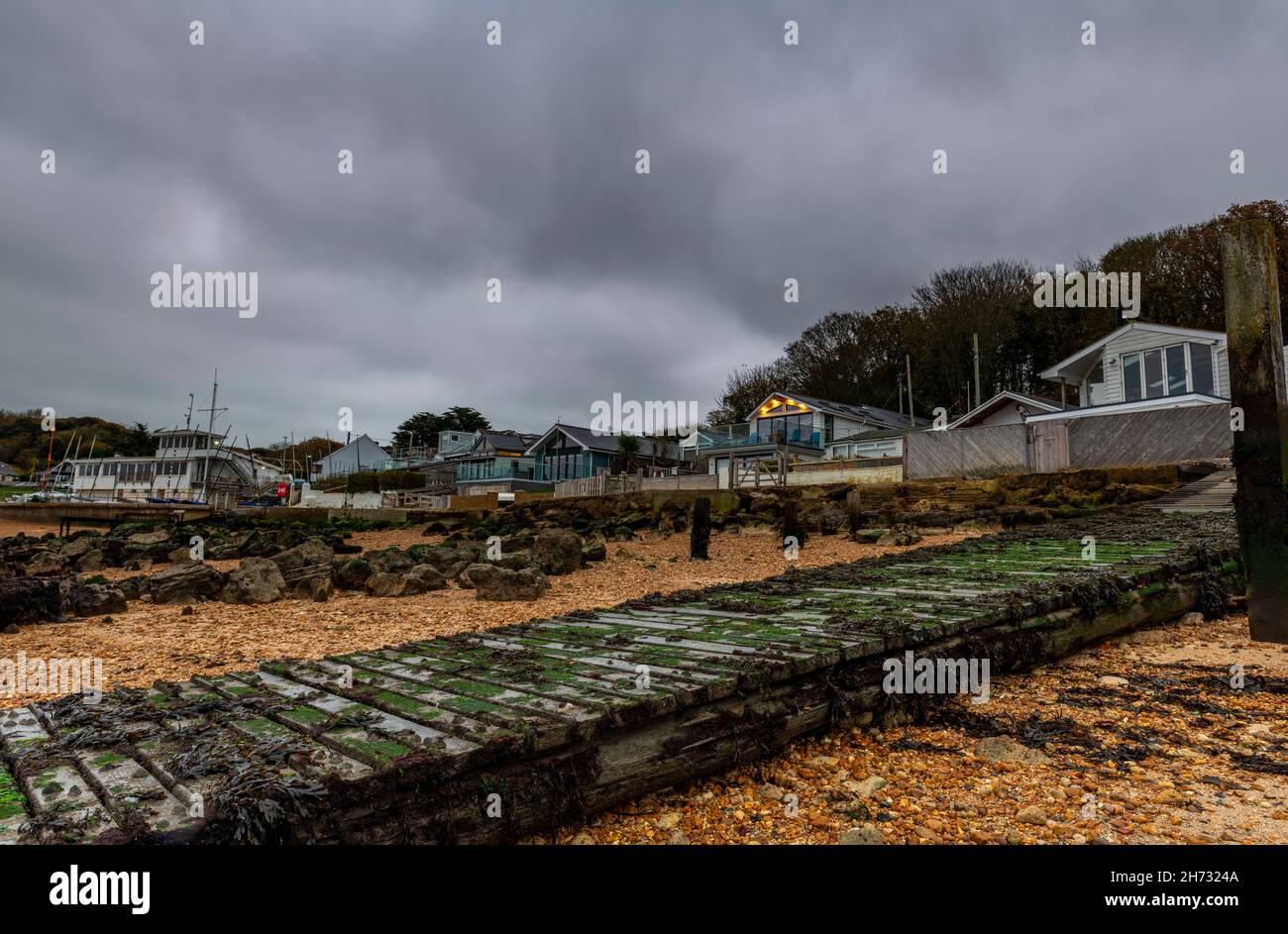 old slipway covered in seaweed at gurnard sailing club near cowes on ...