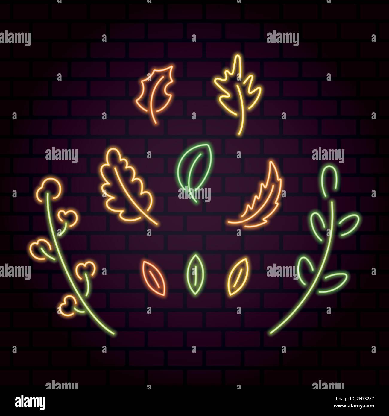 Bright neon set of leaves and herbs. Summertime and fall collection of ...