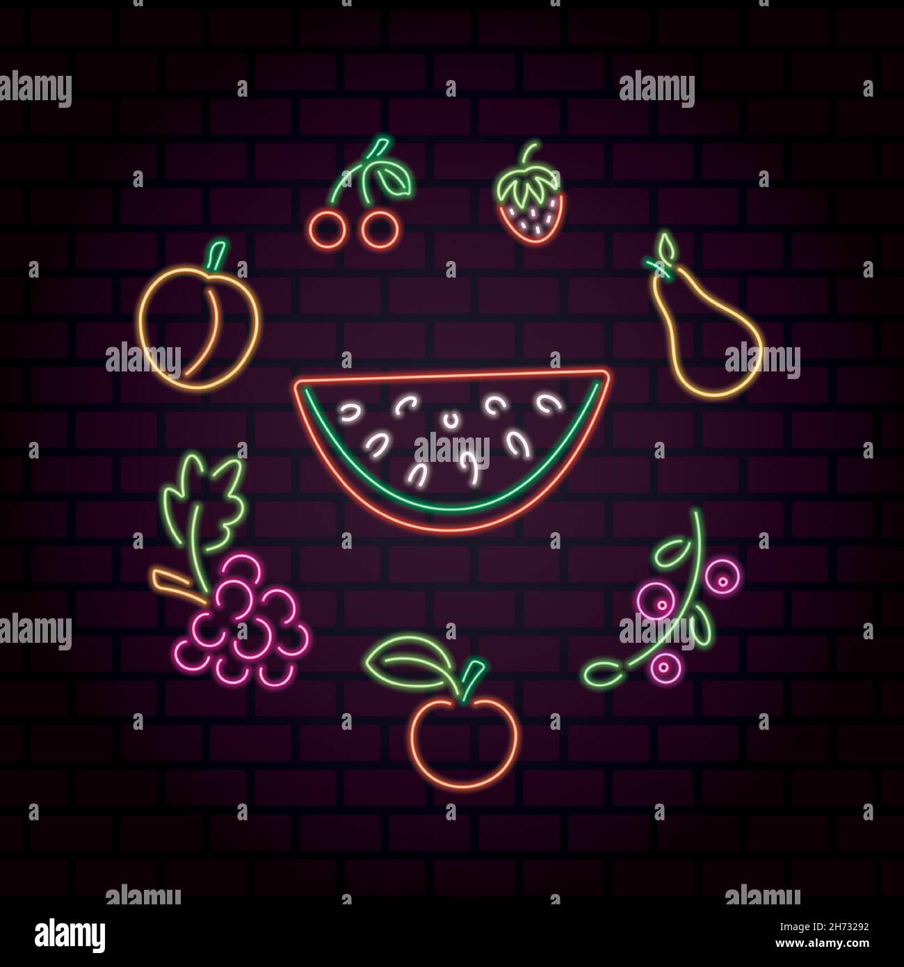 Bright neon set of fruits and berries. Summertime collection of icons ...