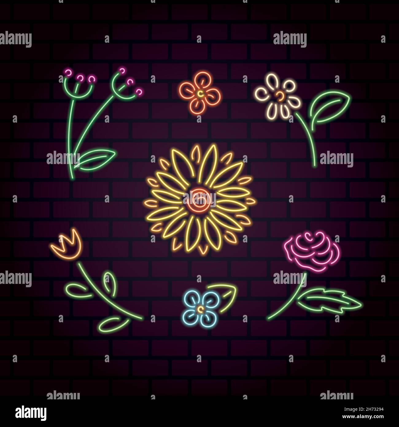 Bright neon set of flowers. Summertime and spring collection of icons ...