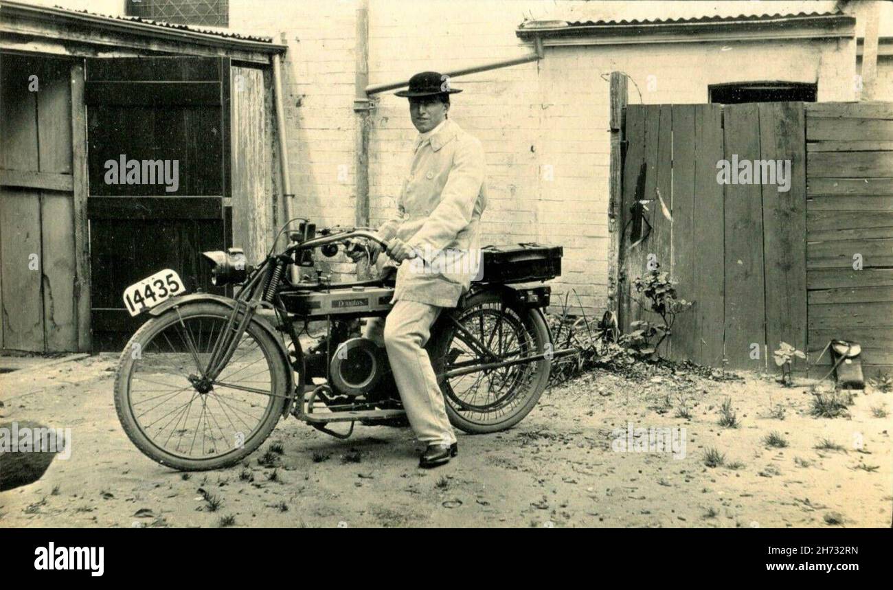 Man on a Douglas motorcycle - early 1920s Stock Photo - Alamy