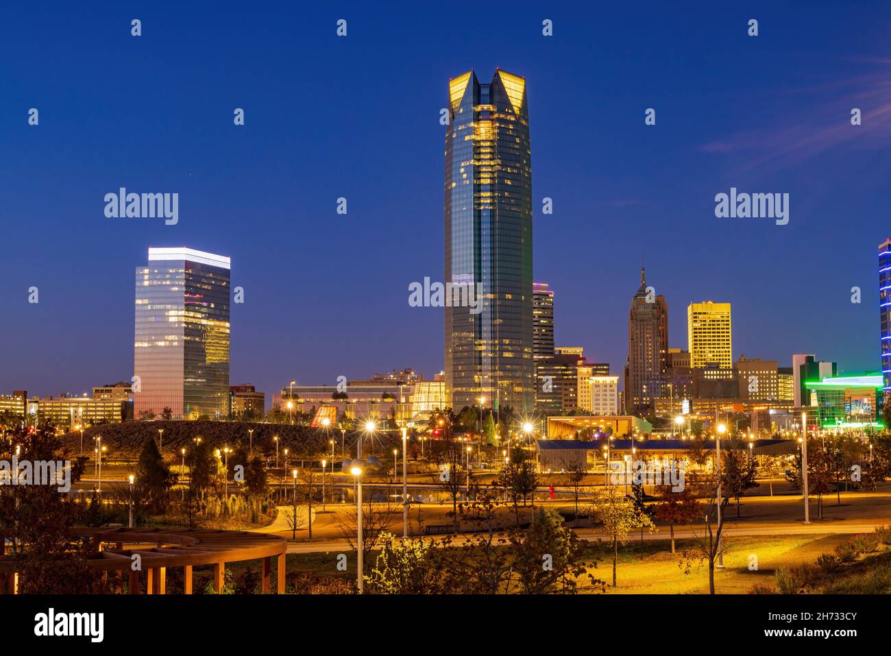 Night view of the Oklahoma skyline and cityscape at Oklahoma Stock ...
