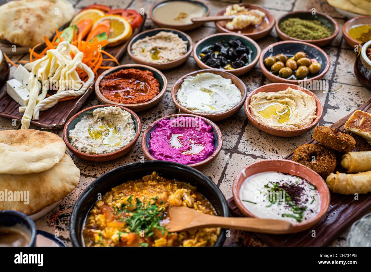 Turkish Village breakfast table served in a restaurant. Top view Stock ...