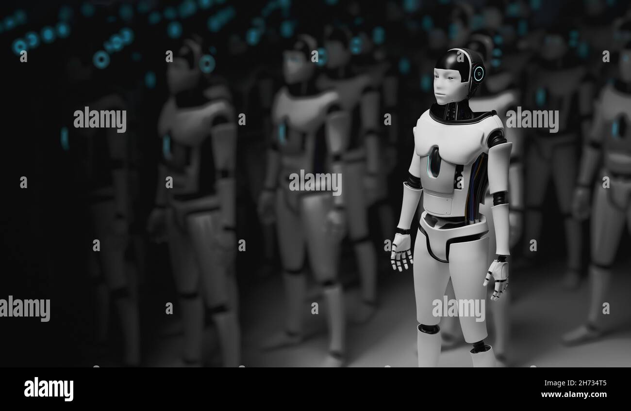 Many humanoid robots. Artificial intelligence concept. 3D rendered ...