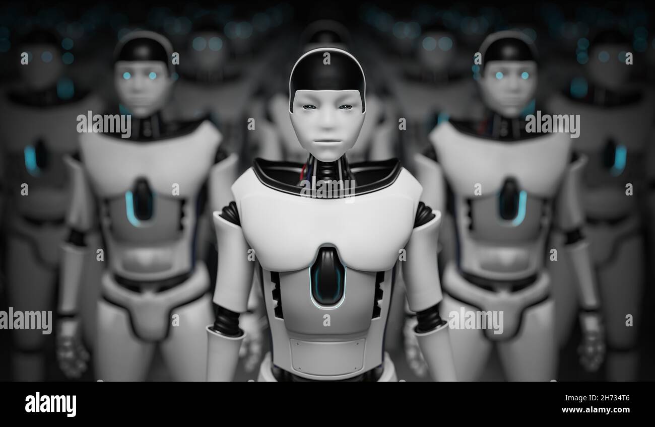 Many humanoid robots. Artificial intelligence concept. 3D rendered ...
