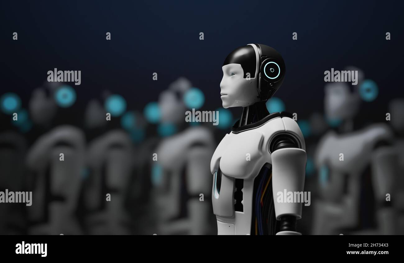 Many humanoid robots. Artificial intelligence concept. 3D rendered ...
