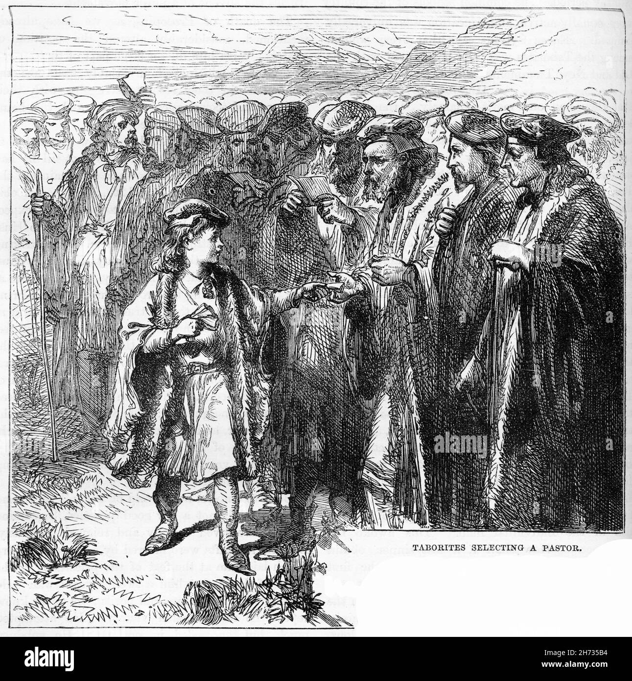 Engraving of a boy passing out lots as Taborites select a pastor for ...