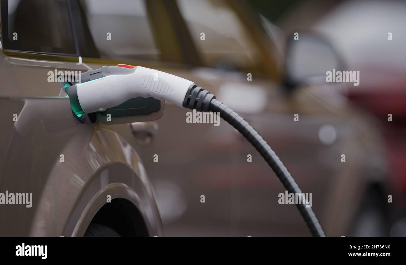 Charging the battery of electric vehicle. EV fuel Plug in hybrid car ...