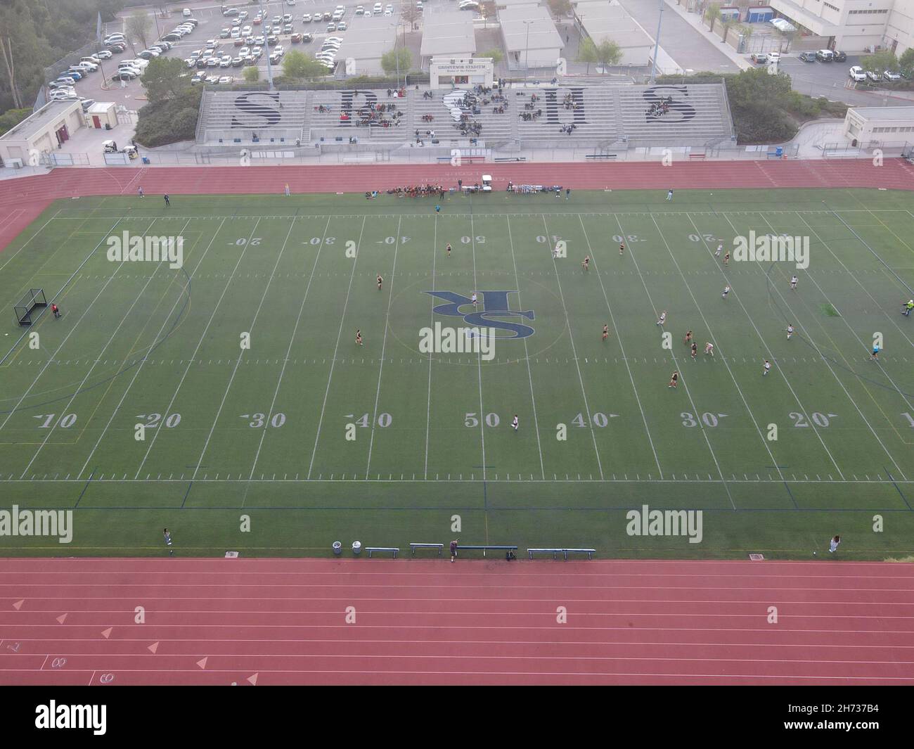 Aerial view of field hockey with players at Scripps Ranch High School ...