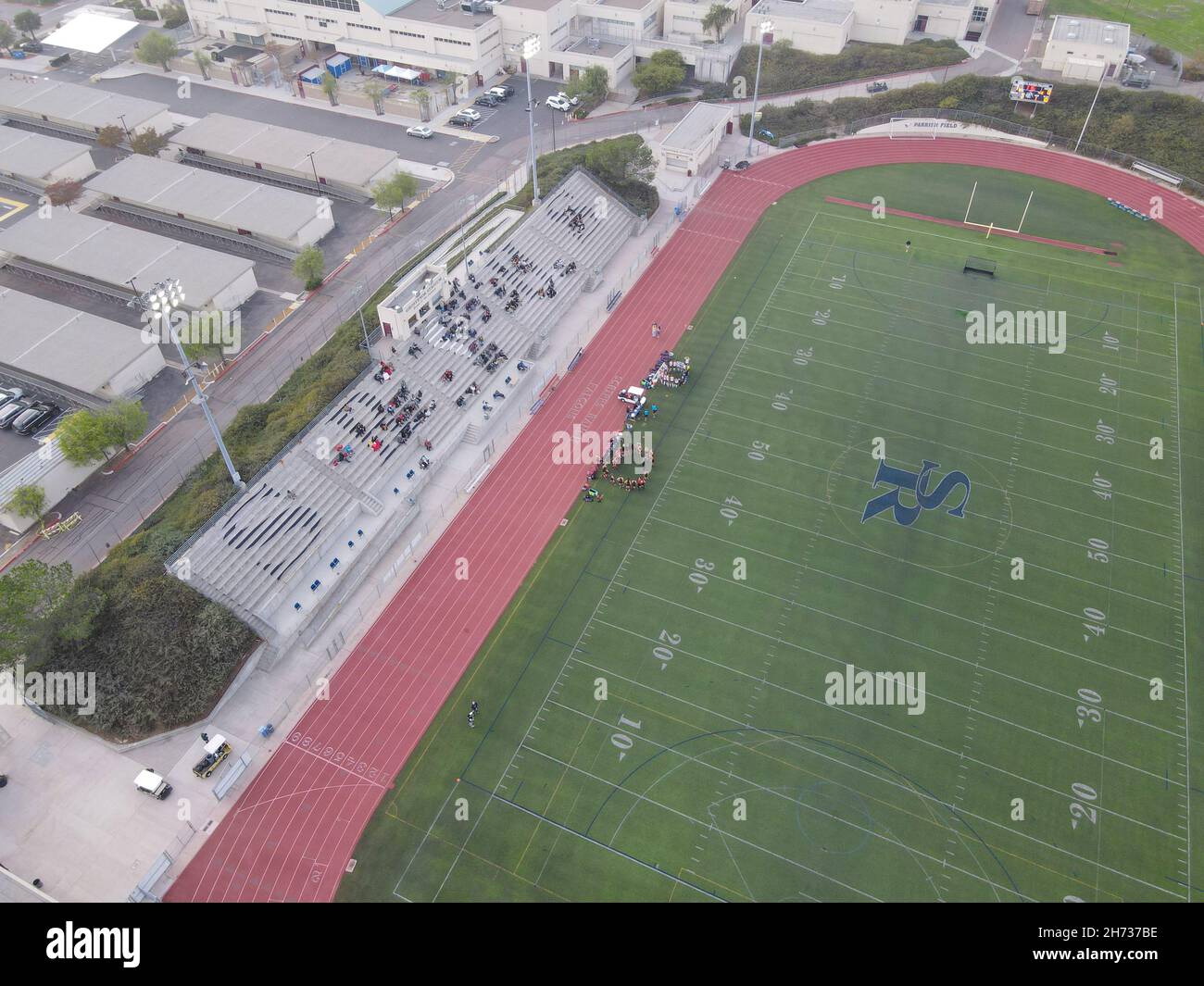 Aerial view of field hockey with players at Scripps Ranch High School ...