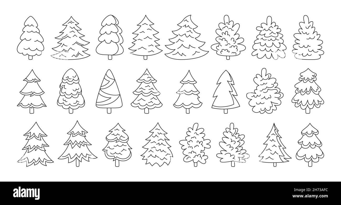 Christmas tree doodle set. New Year outline symbol traditional xmas ...