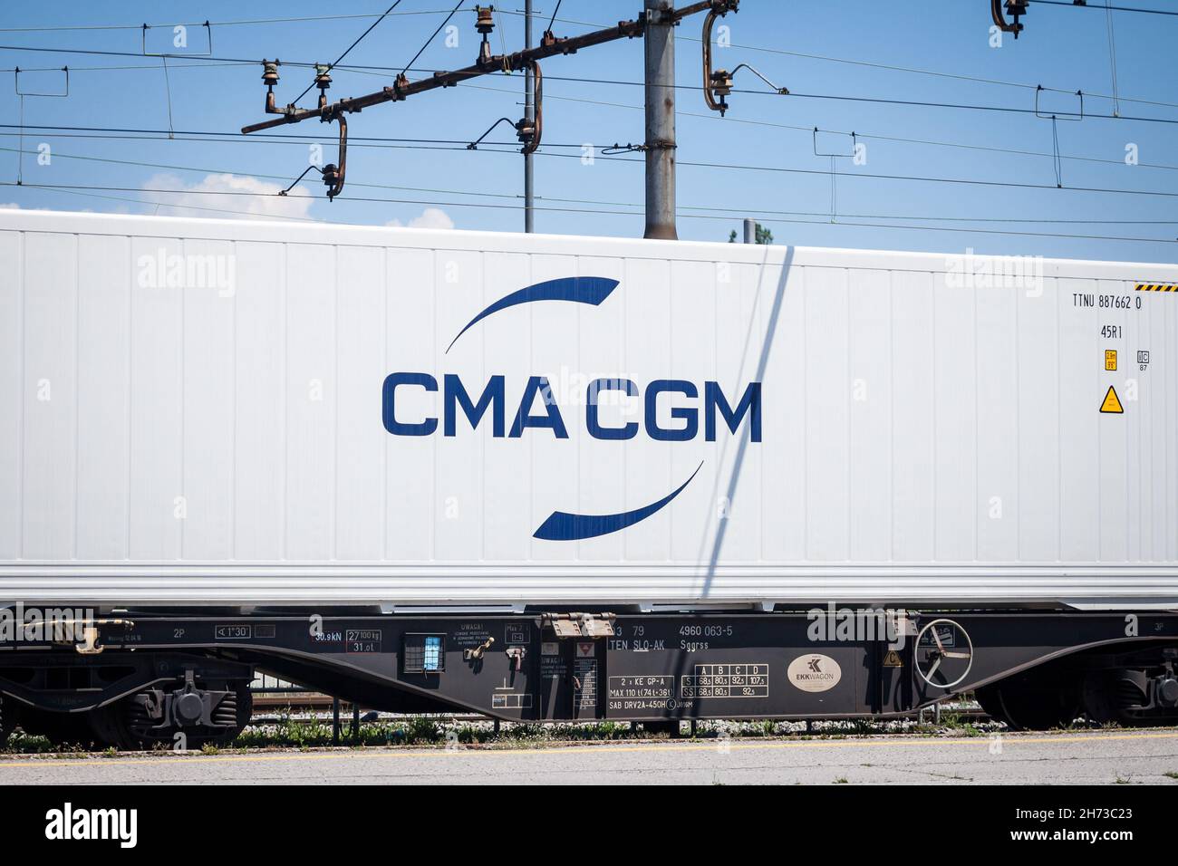 Picture of a sign with the logo of CMA CGM on a container being shipped ...