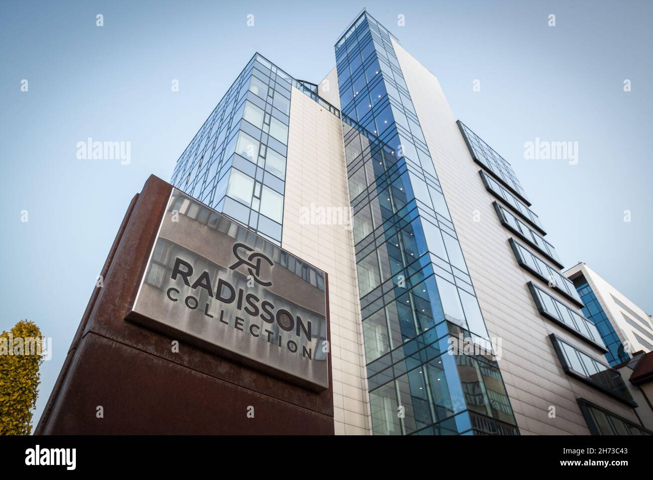 Picture of a sign with the logo of Radisson on their hotel in Belgrade ...