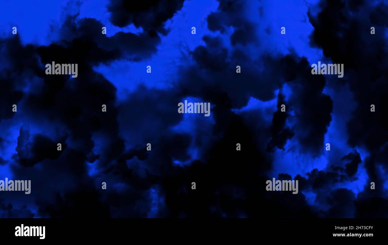 Abstract black clouds float by on background blue sky. Animation ...