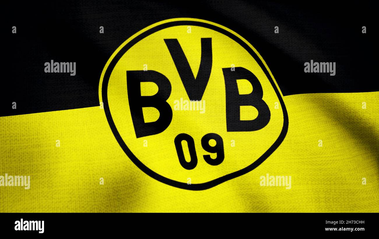 Close-up of waving flag with FC Borussia Dortmund football club logo ...