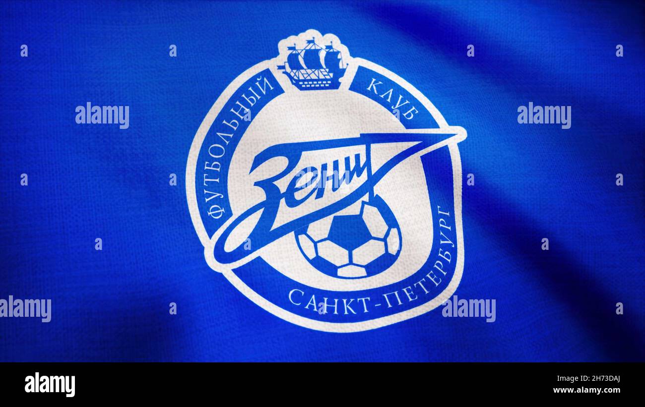 Close-up of waving flag with FC Zenit football club logo, seamless loop. Editorial animation ...