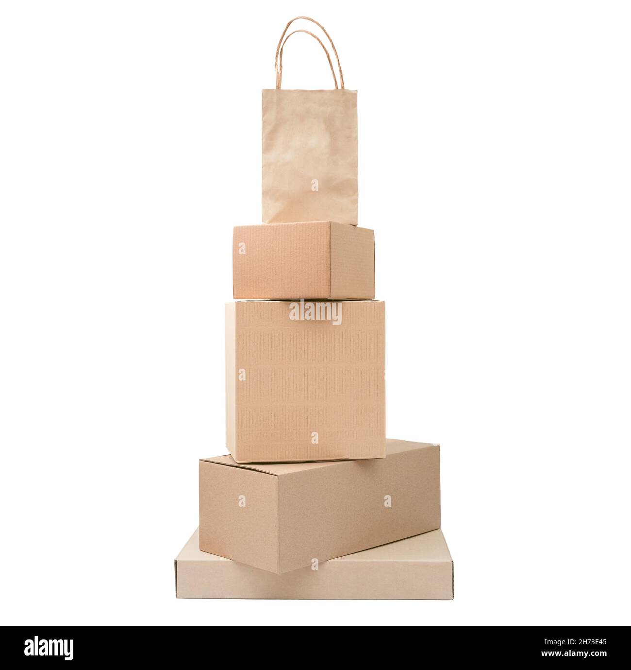 Stack of cardboard boxes isolated on white background. Shopping bag on ...
