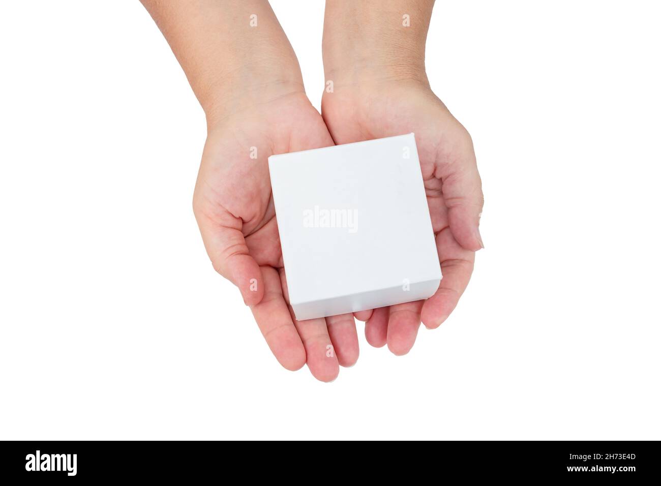 Female hands hold white cardboard box isolated on white background ...