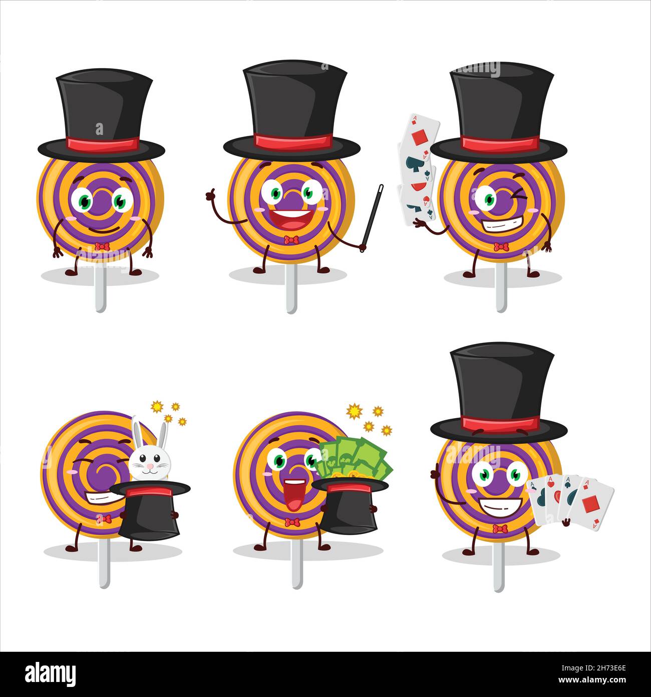 A spiral sweet candy Magician cartoon character perform on a stage ...