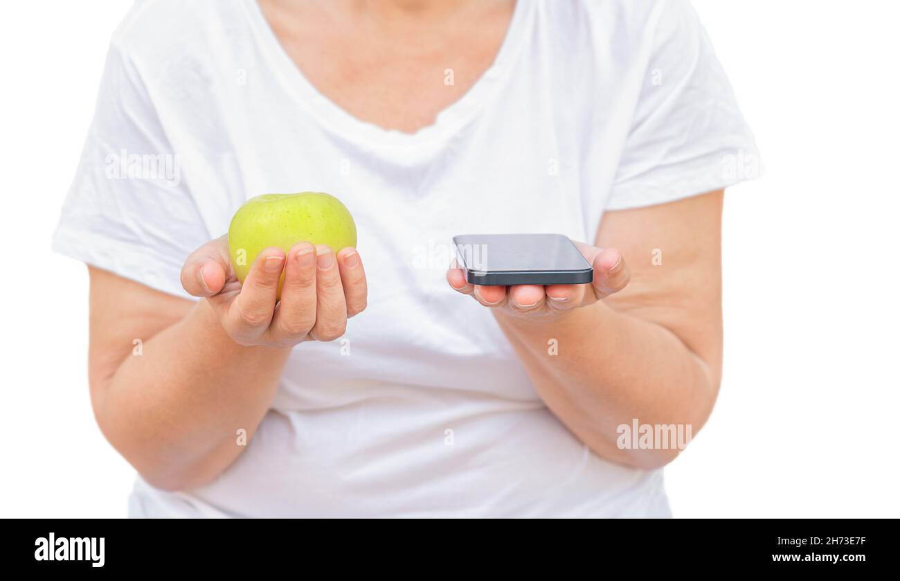 Apple and phone in student hands isolated on white background Stock ...