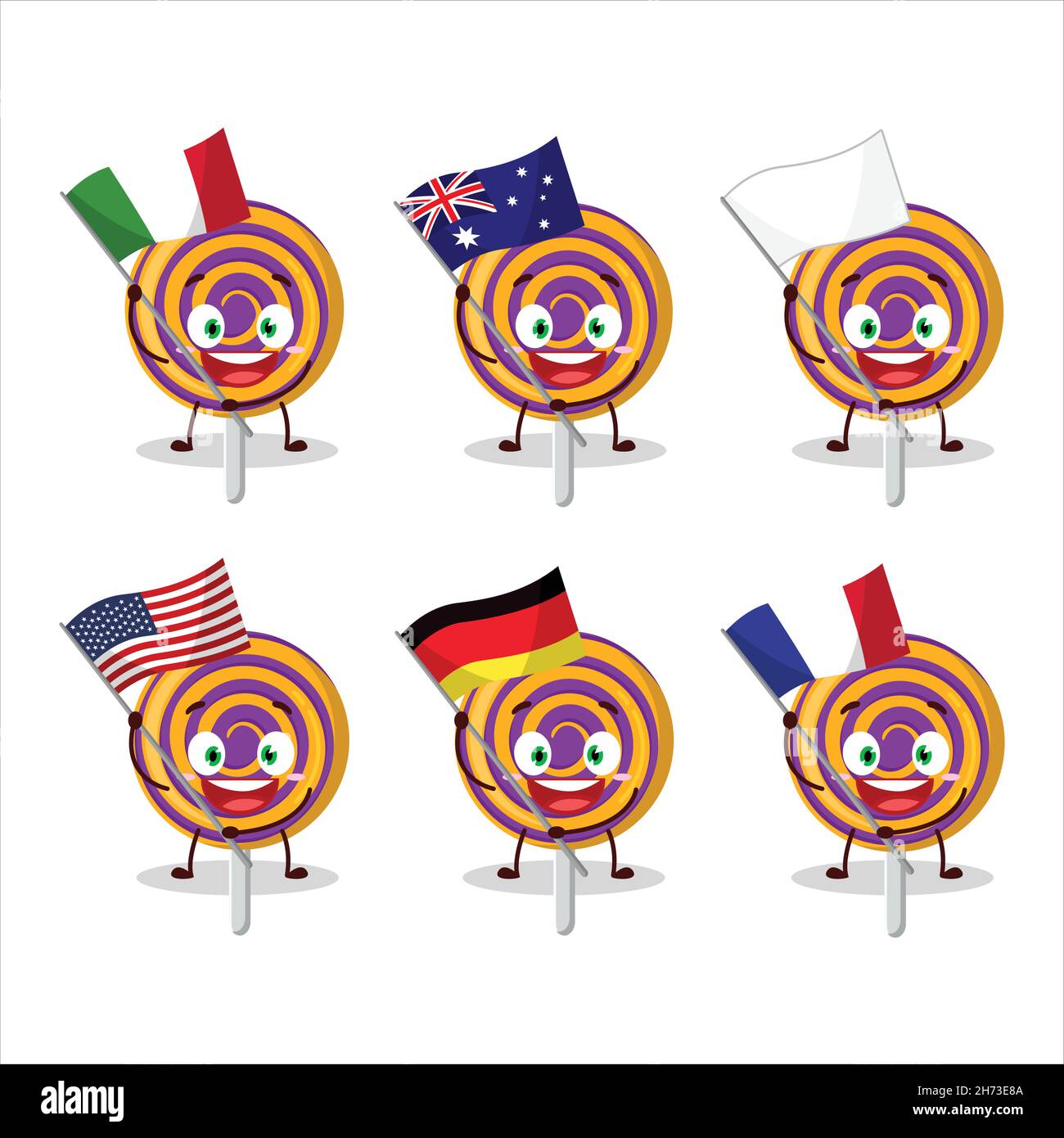 Spiral sweet candy cartoon character bring the flags of various ...