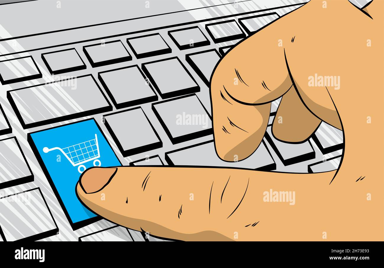 E-commerce icon, Shopping symbol on computer keyboard. Man push keypad ...