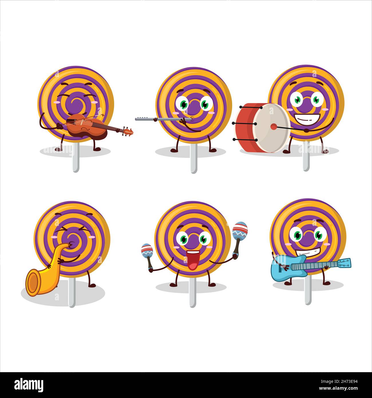 Cartoon character of spiral sweet candy playing some musical ...