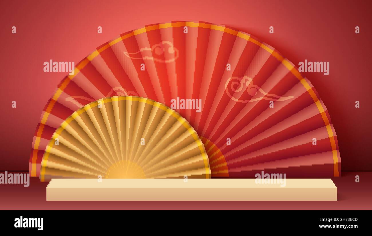 Red background in origami style. Paper fans and yellow clouds in Asian ...