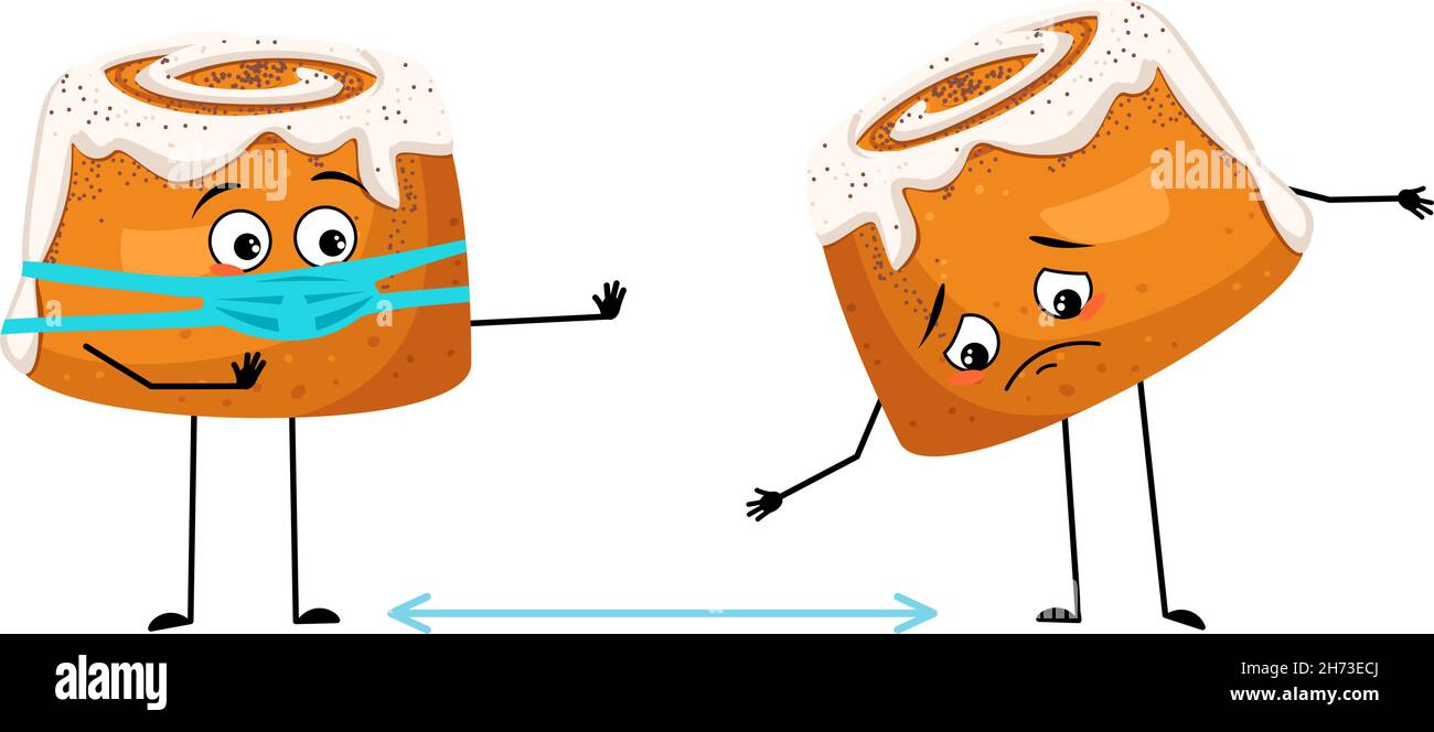Cute cinnamon pastry bun character with sad emotions, face and mask ...