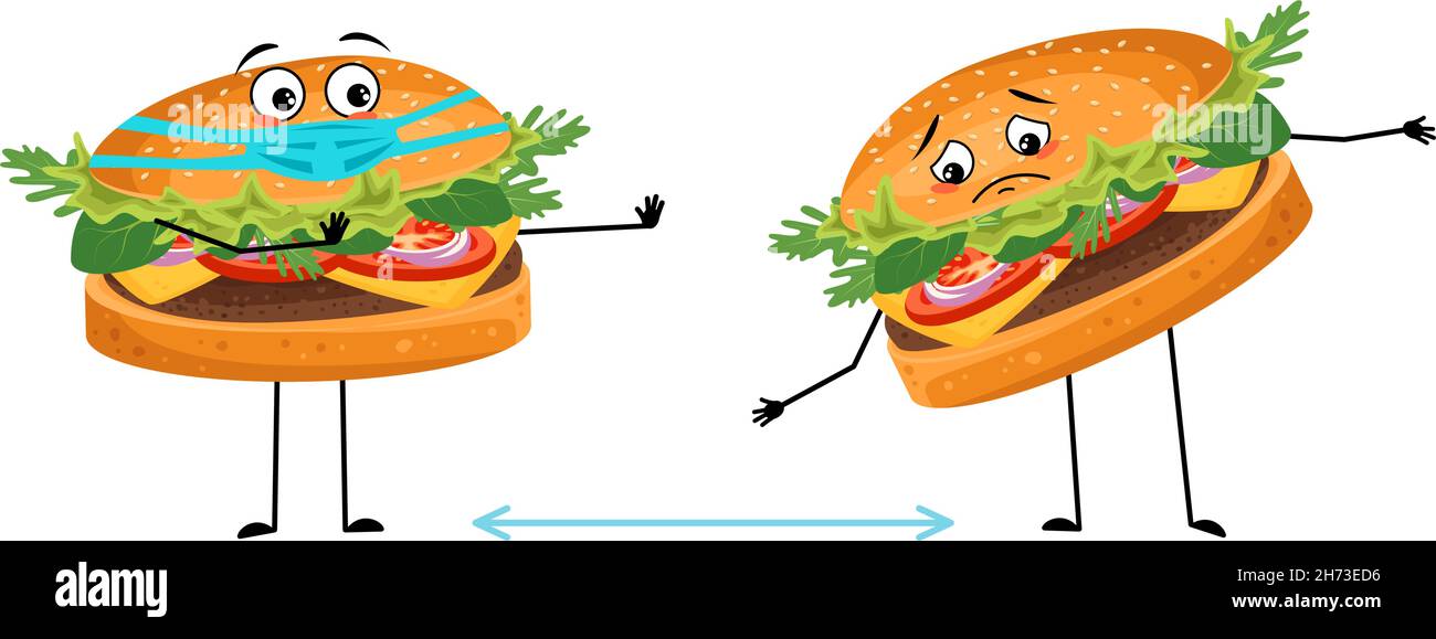Cute character hamburger with sad emotions, face and mask keep distance ...