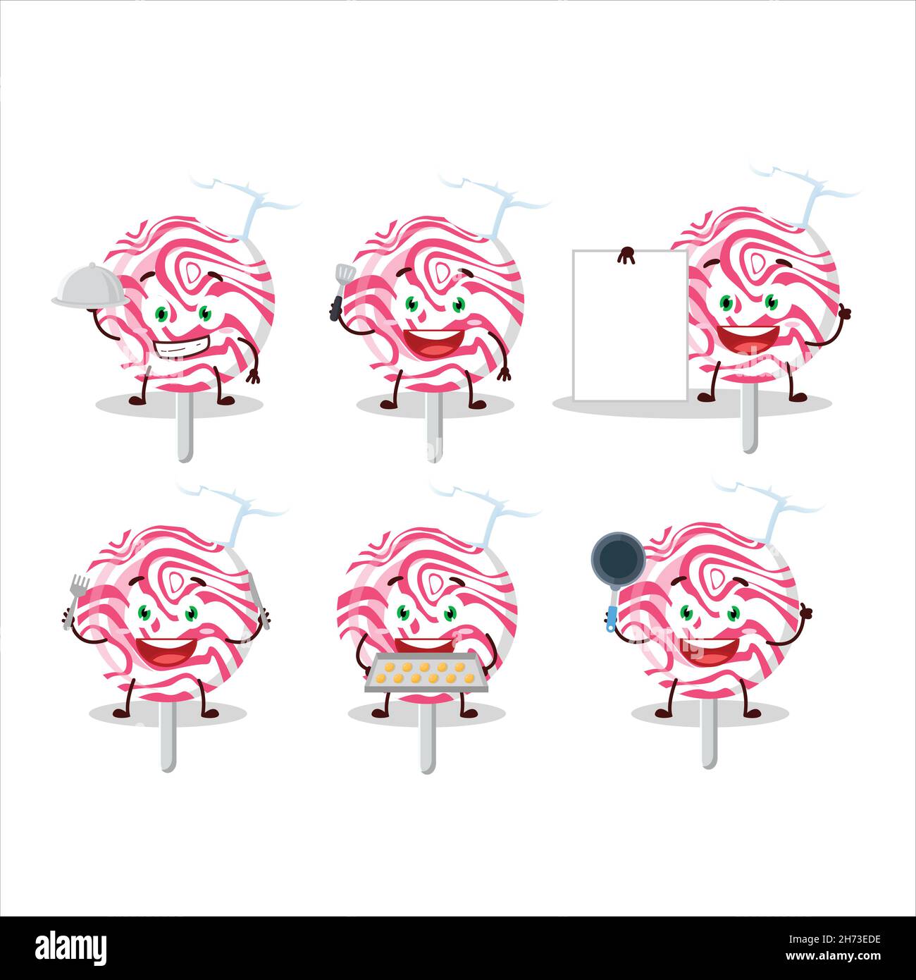 Cartoon character of pink swirl candy with various chef emoticons ...