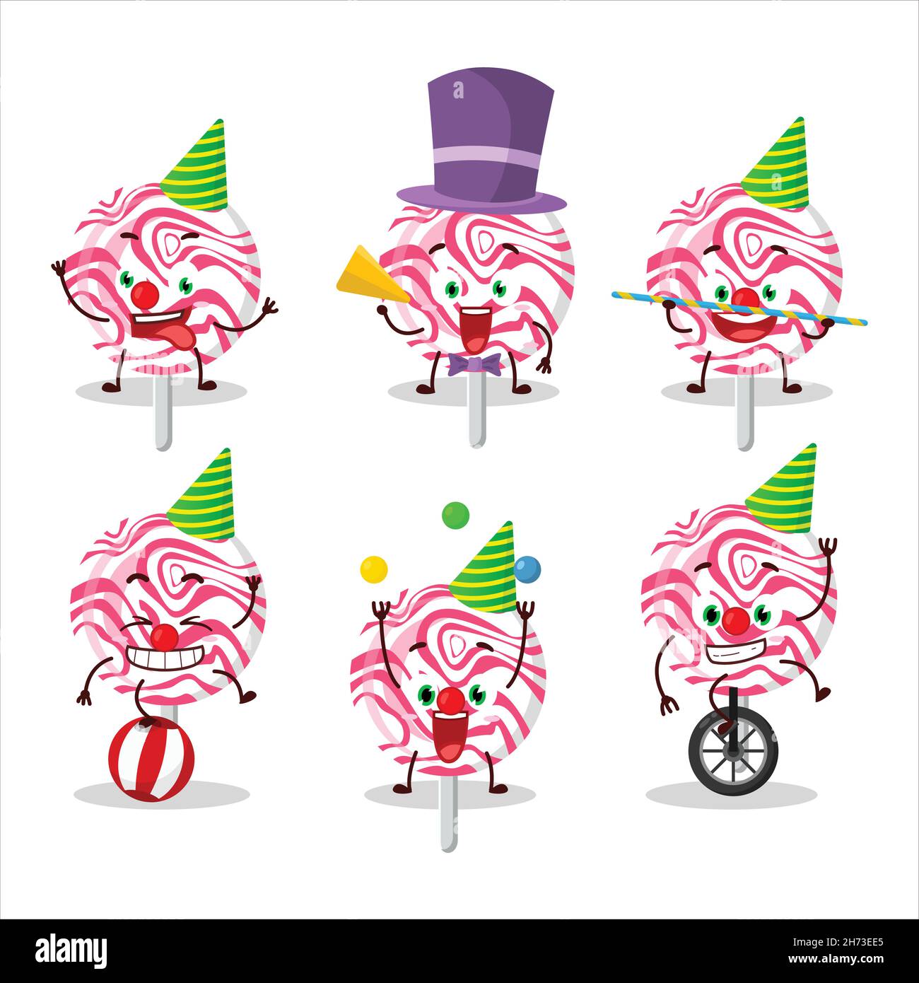 Cartoon character of pink swirl candy with various circus shows. Vector ...