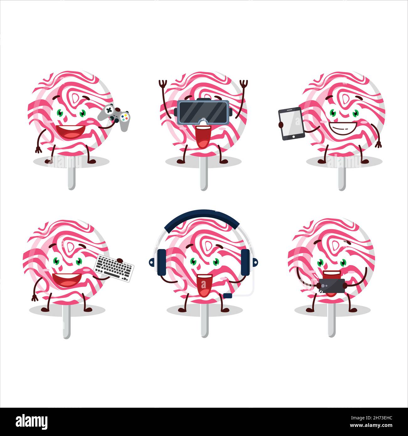 Pink swirl candy cartoon character are playing games with various cute ...