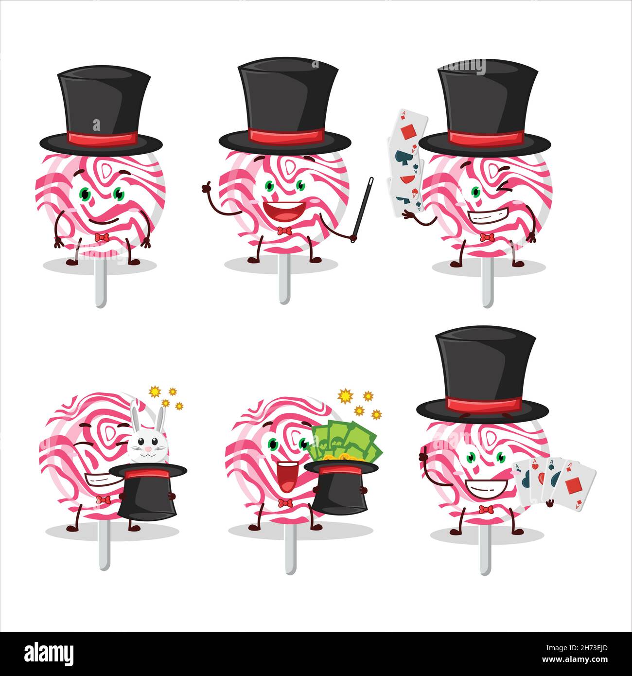 A pink swirl candy Magician cartoon character perform on a stage ...