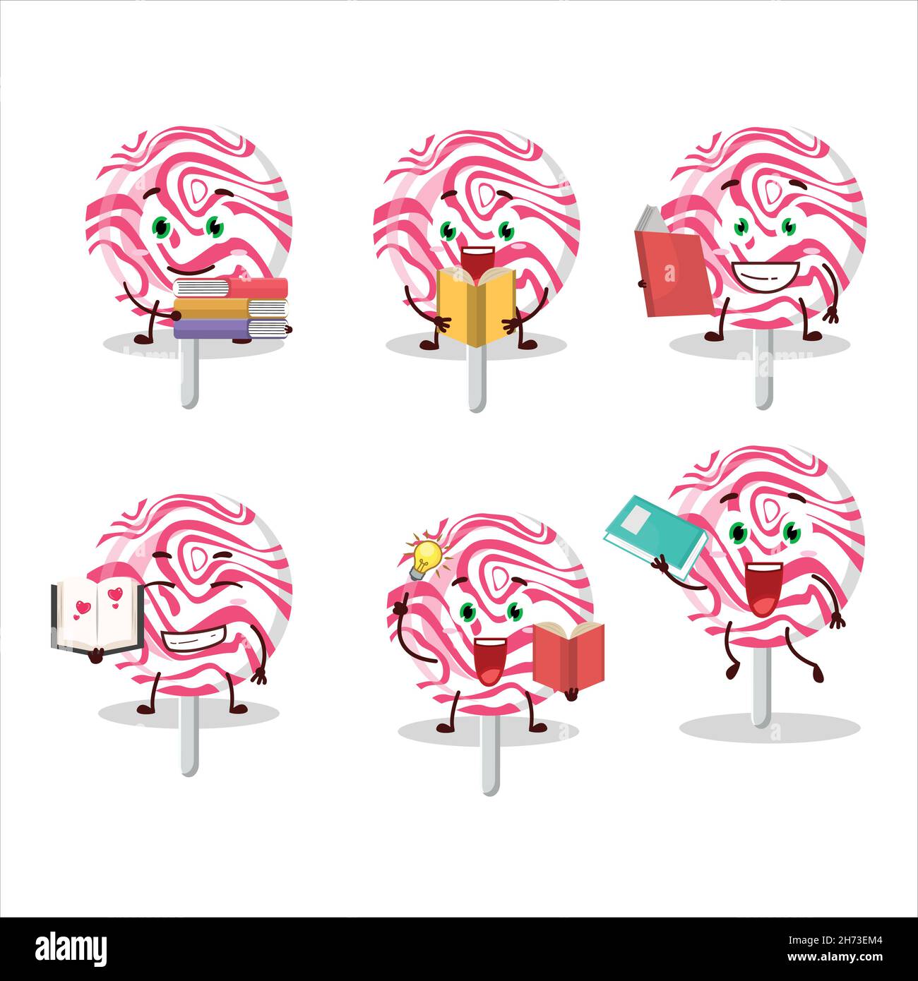 A picture of pink swirl candy cartoon character concept reading an ...