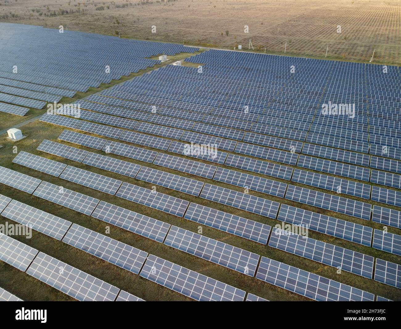 Aerial top view of a solar panels power plant. Photovoltaic solar ...