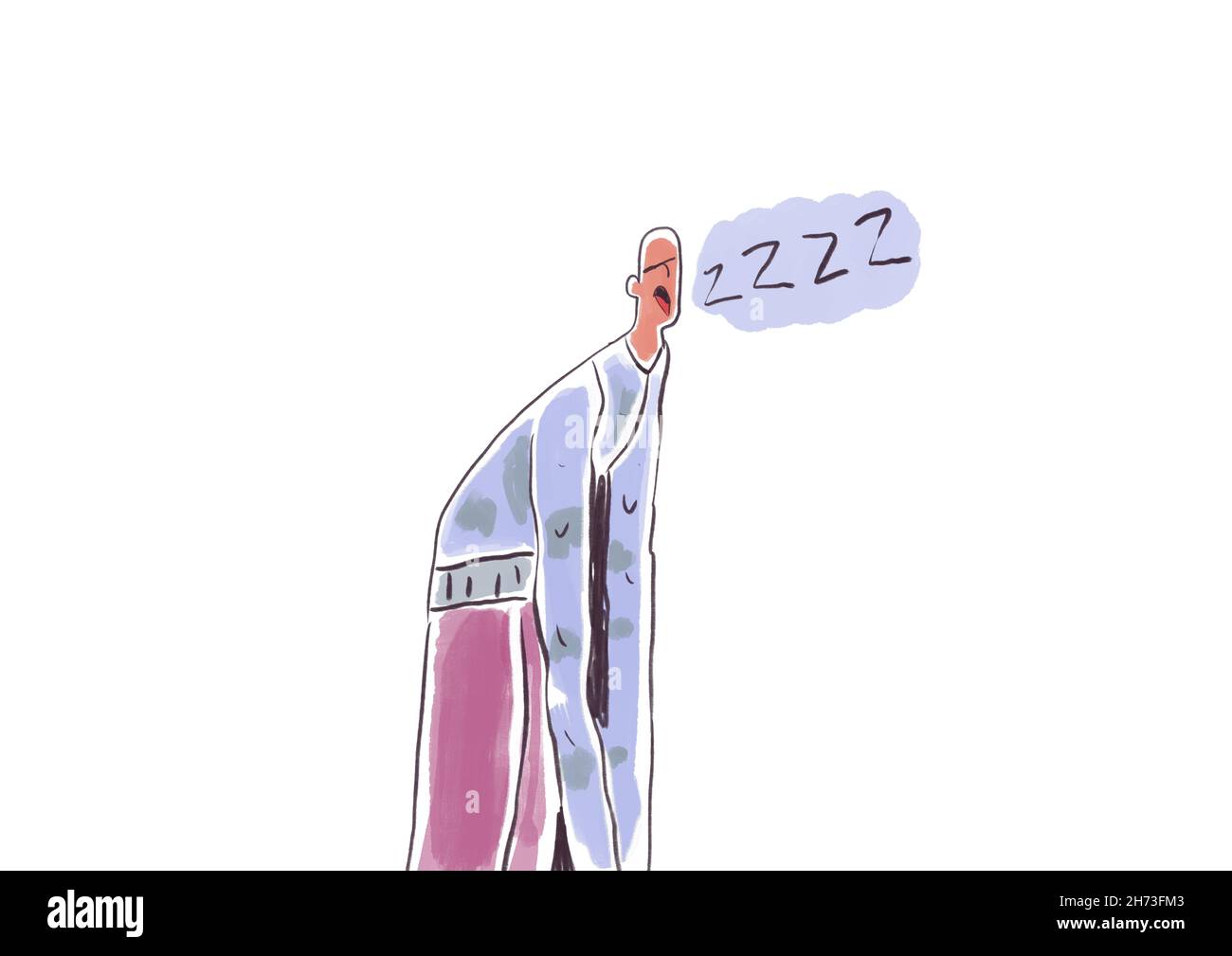 Happy tired man with a big sweater sleeping upright, cartoon lifestyle ...