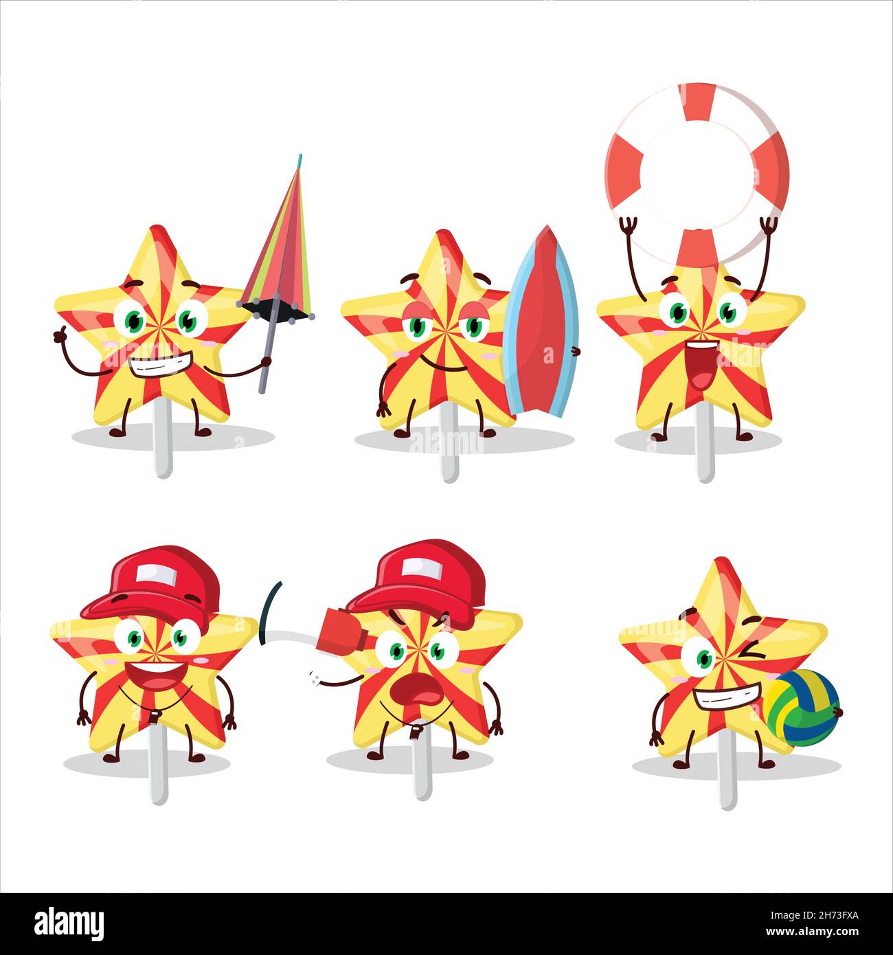 Happy Face star candy cartoon character playing on a beach. Vector ...