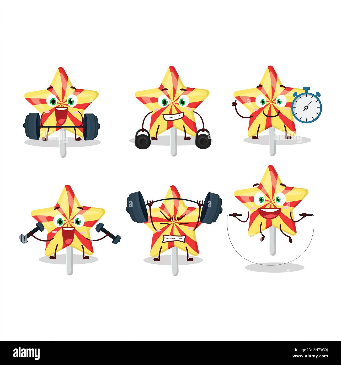 A healthy star candy cartoon style trying some tools on Fitness center ...