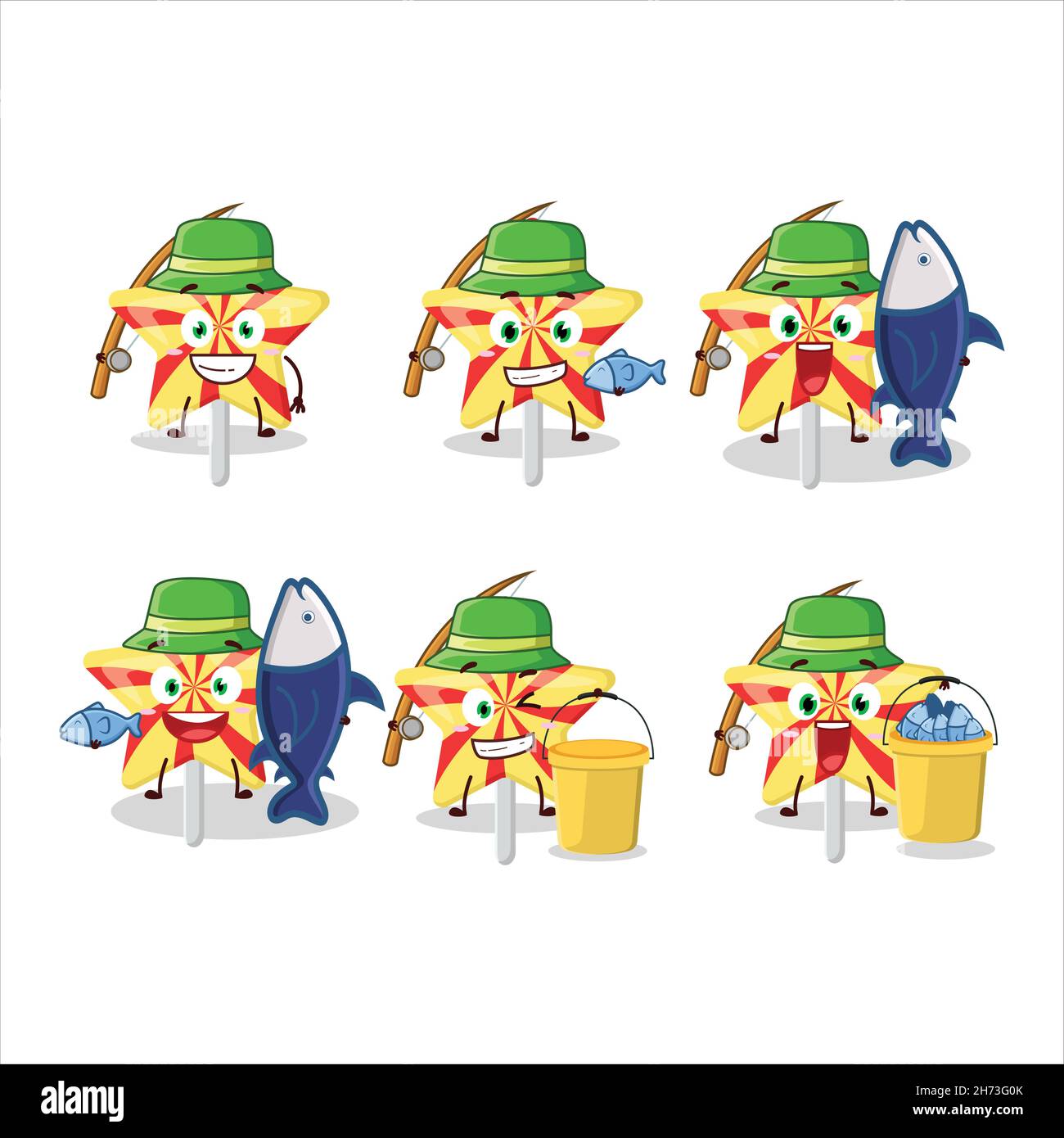 A fisherman star candy cartoon picture catch a big fish. Vector ...