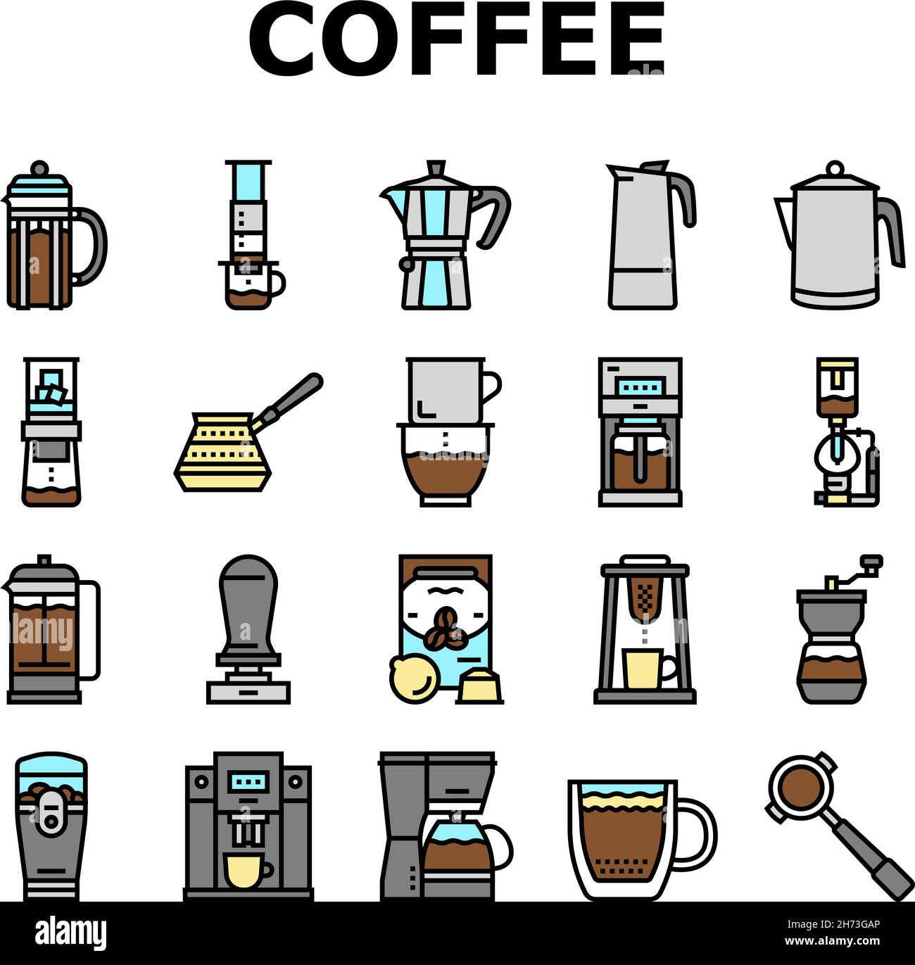 Coffee Make Machine And Accessory Icons Set Vector Stock Vector Image ...