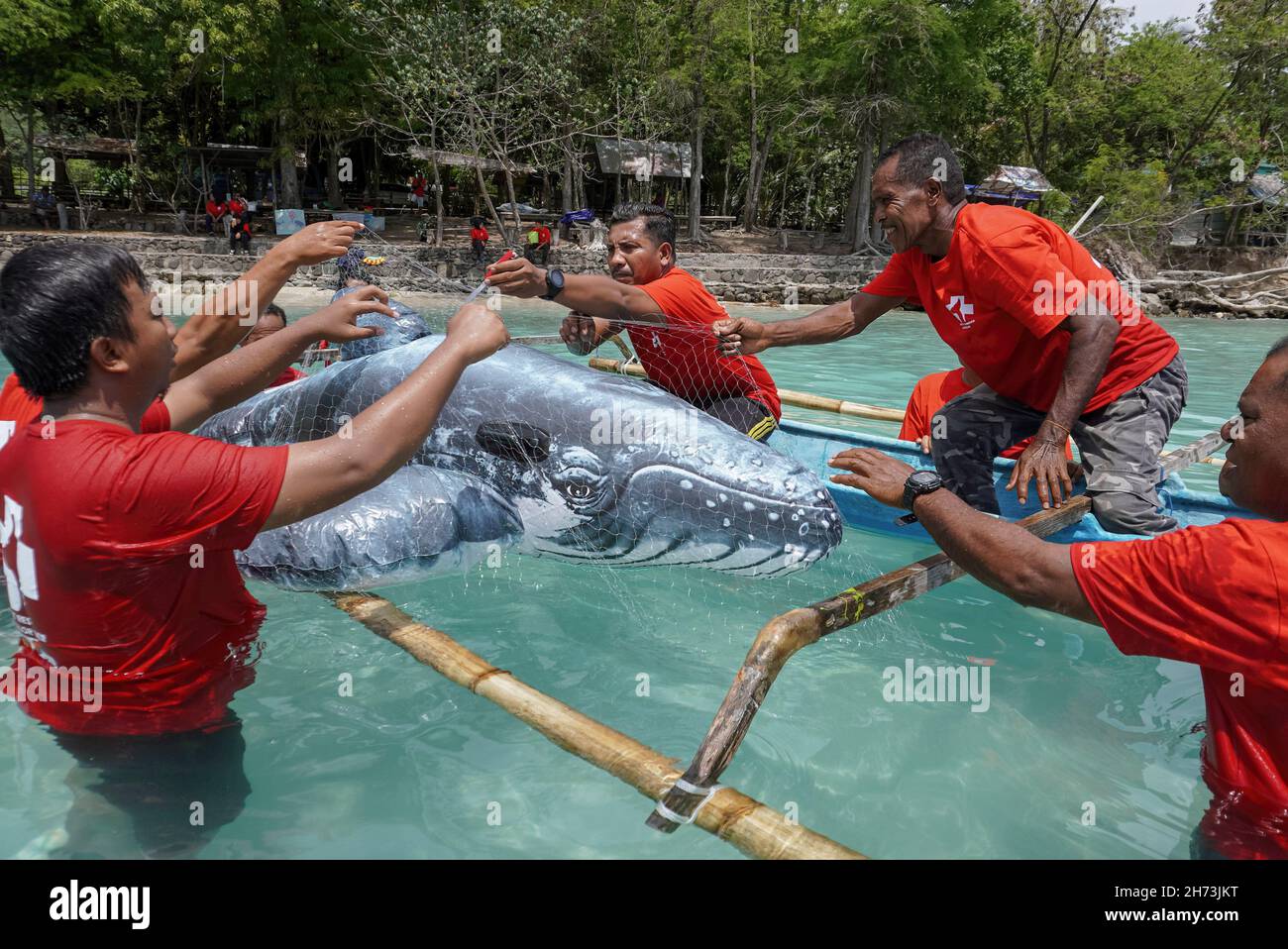 Volunteers practice rescuing a marine mammal bycatch using a fishing ...