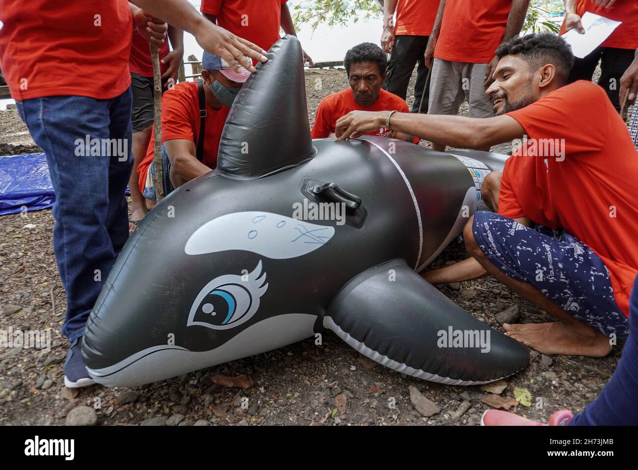 Volunteers practice the technique of handling a stranded marine mammal ...