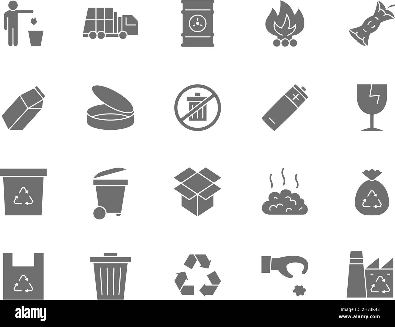 Set of Garbage Grey Icons. Waste Factory, Trash Truck, Container and ...