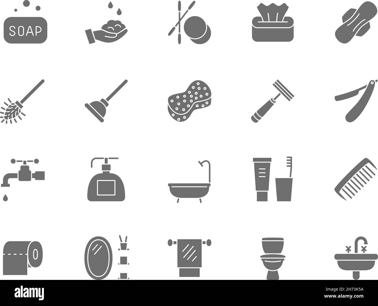 Set of Hygiene Grey Icons. Bathtub, Bath Sponge, Tampon, Toilet Plunger ...