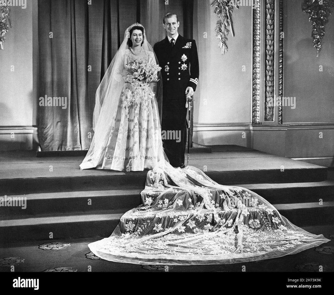 File photo dated 20/11/1947 of Princess Elizabeth and Lt Philip Mountbatten at Buckingham Palace ...