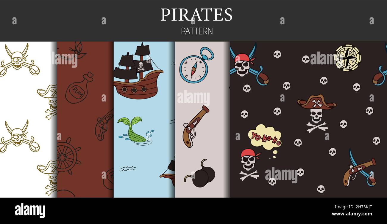 Vector doodle set of pirate seamless patterns. A map with a hand-drawn ...