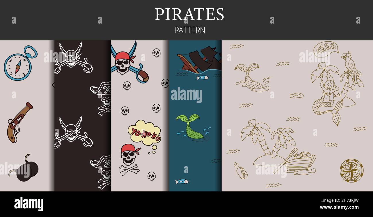 Vector doodle set of pirate seamless patterns. A map with a hand-drawn ...
