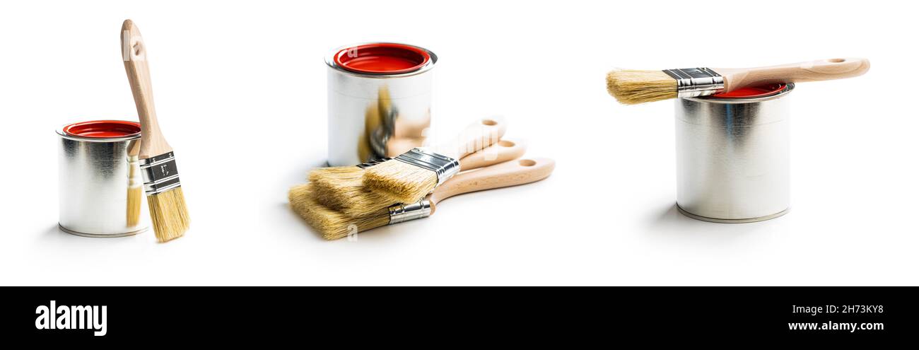 Clean paint brushes and can of color isolated on white background Stock ...